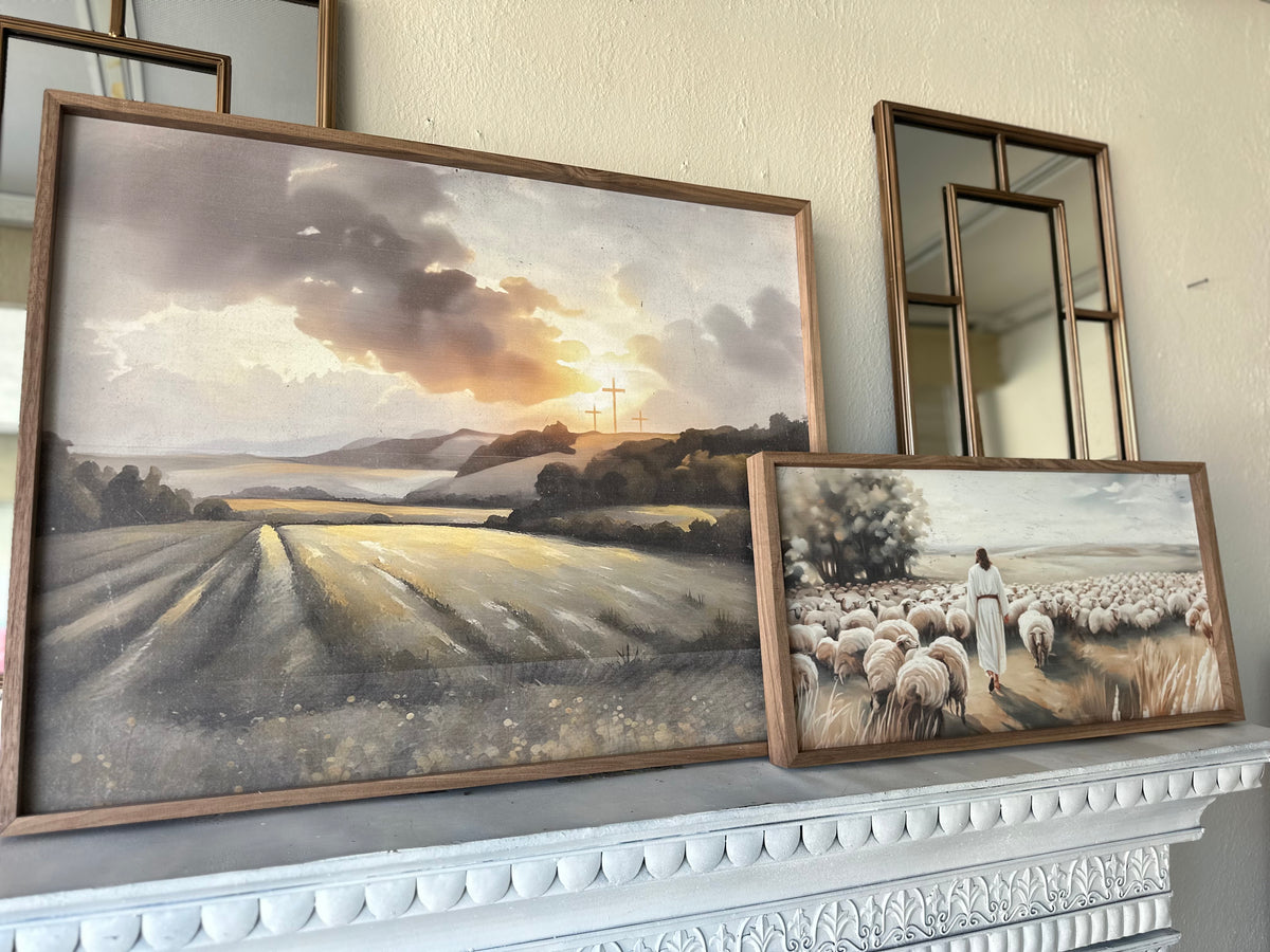 Landscape Three Crosses Art with Wood Frame 30”x24” – MelizaInteriorsInc