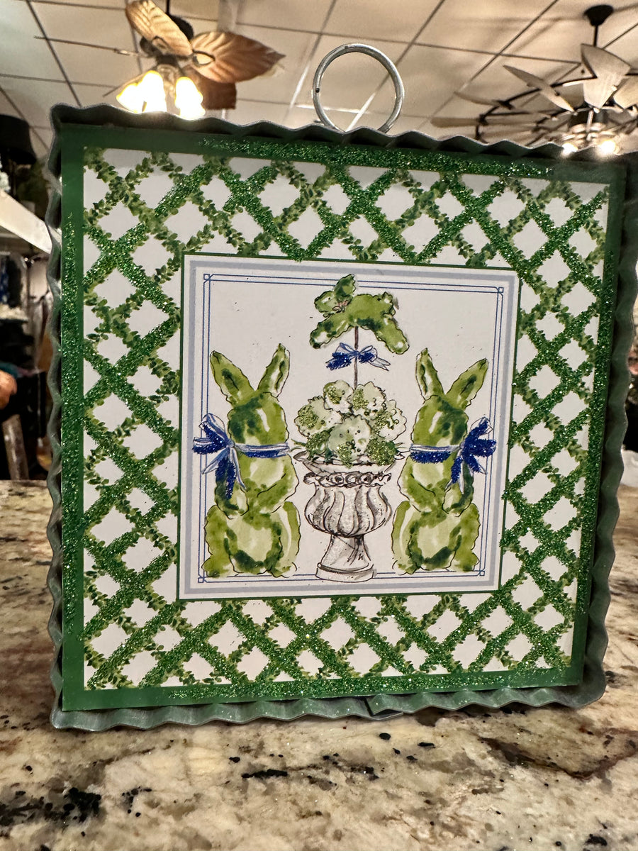 Bunny Boxwood Lattice Mini Print in Green, White, and Blue ...