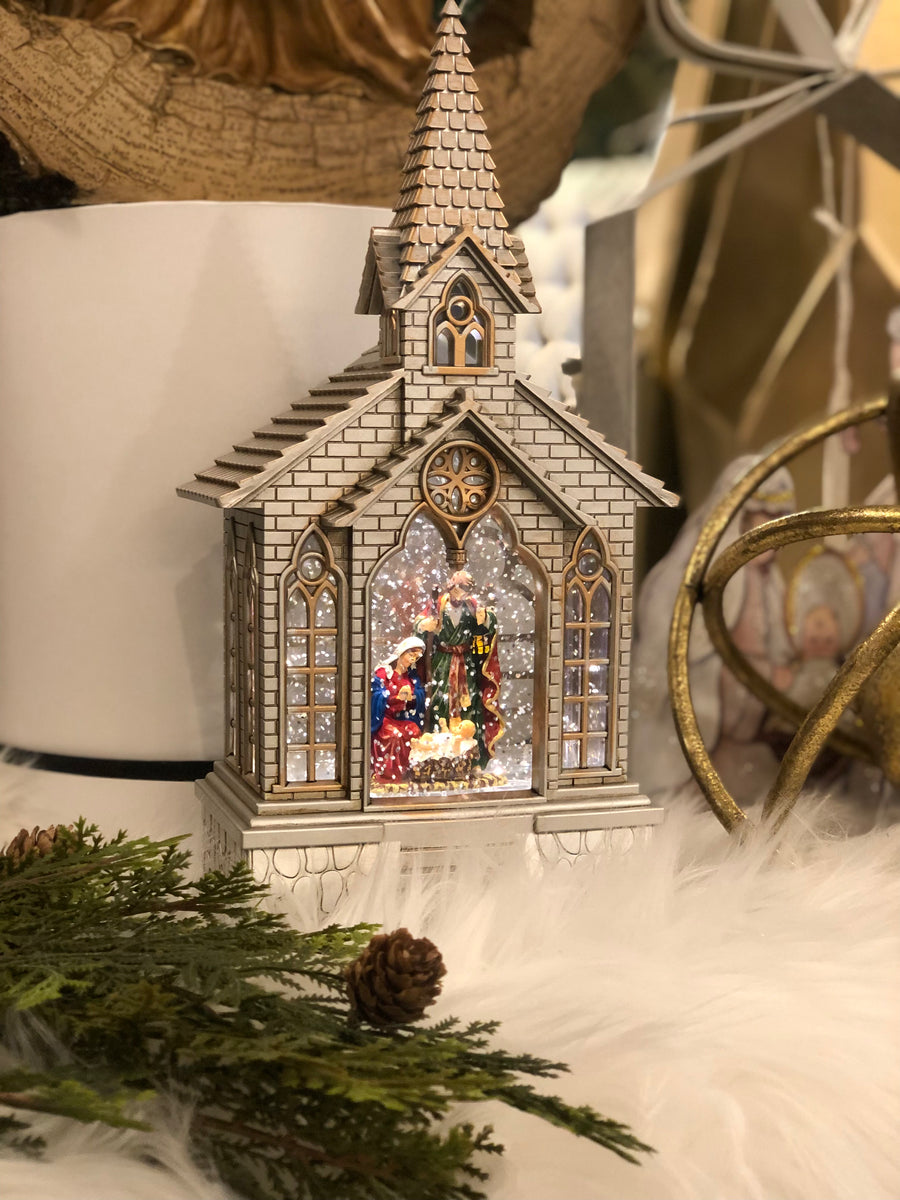 Architectural Church Gray Snow Globe with Holy Family – MelizaInteriorsInc