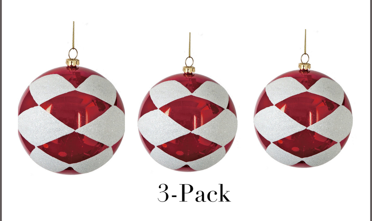 Set of 3 Diamond Pattern Red and White 4” Ornaments – MelizaInteriorsInc