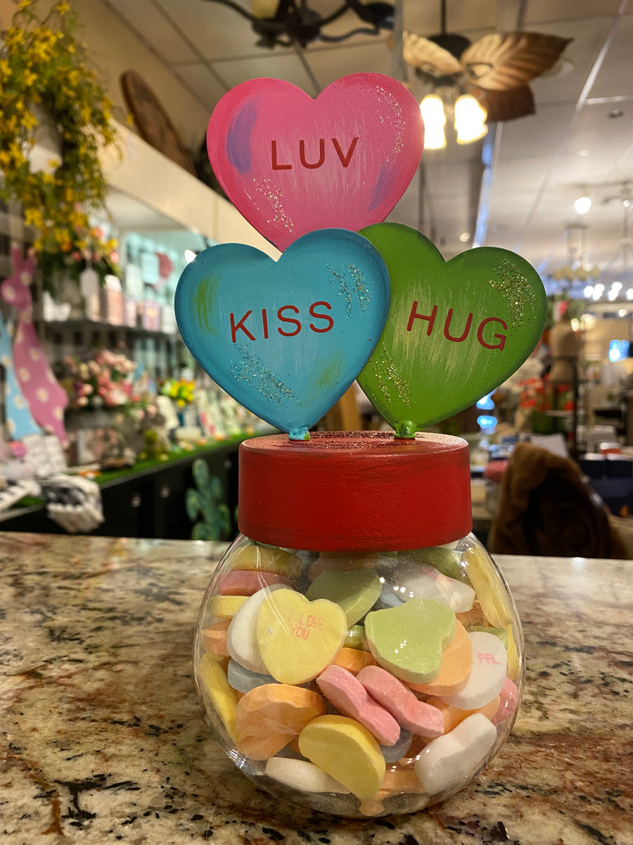 Fun Pile of Conversation Hearts on Jar with Candy – MelizaInteriorsInc