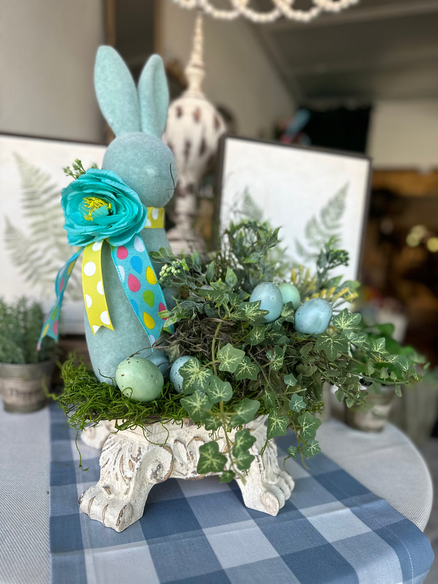 Light Blue Bunny Arrangement with Speckled Eggs – MelizaInteriorsInc