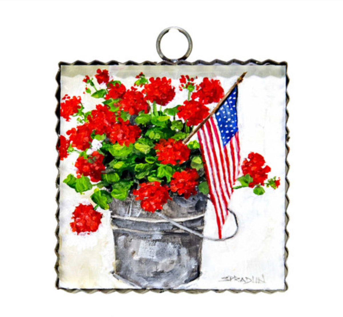 Americana: Bucket of Red Geraniums and American Flag Mini Print ...