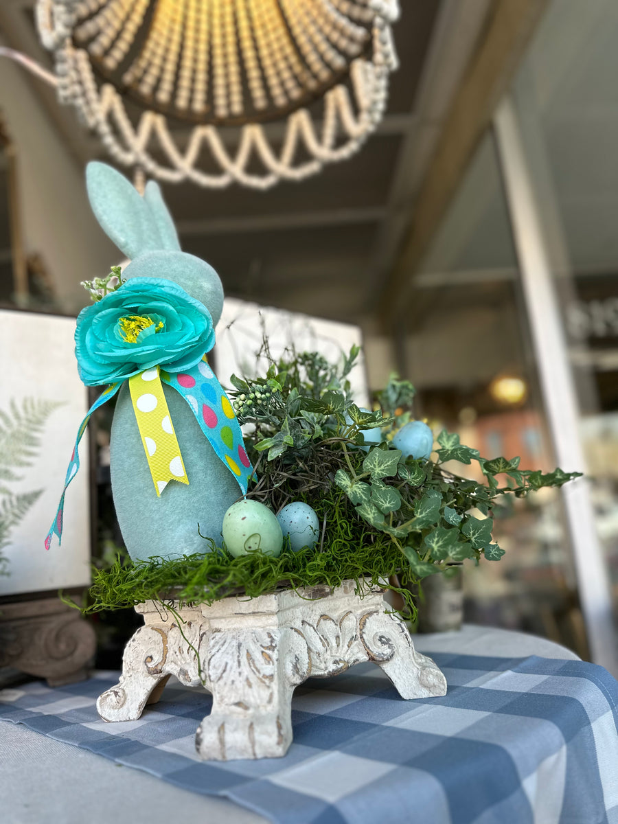 Light Blue Bunny Arrangement with Speckled Eggs – MelizaInteriorsInc